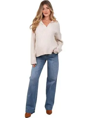 PINKBLUSH Vintage Wash Raw Hem Wide Leg Maternity Jeans - Blue