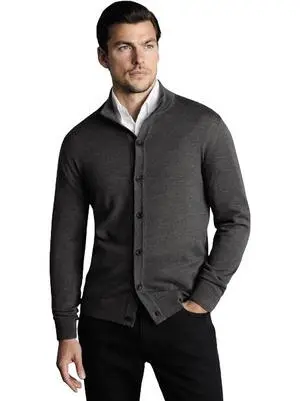 CHARLES TYRWHITT Merino Button-through Funnel Neck Cardigan - Gray