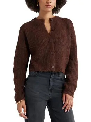 OPEN EDIT Fuzzy Crewneck Cardigan Brown Seal