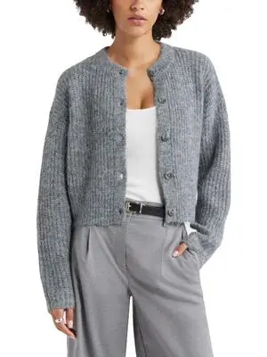 OPEN EDIT Fuzzy Crewneck Cardigan - Grey Medium Heather