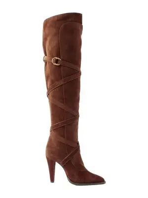Saint Laurent Janis Embellished Over-the-knee Suede Boots - Brown