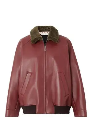 Marni Shearling-trimmed Leather Bomber Jacket - Burgundy