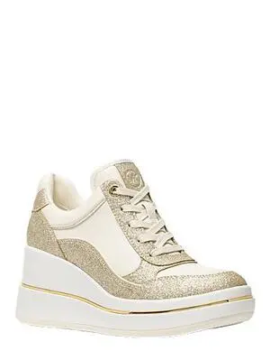 Michael Kors Emmy Glitter Embellished Leather Wedge Trainer - Gold