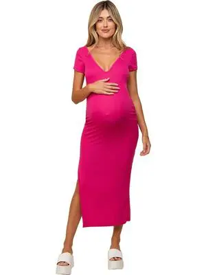 PINKBLUSH Ribbed Side Slit Maternity Midi Dress Fuschia