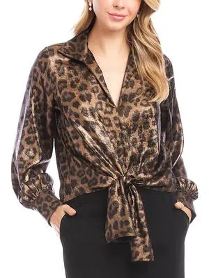 Karen Kane Long Sleeve Tie Front Top - Leopard