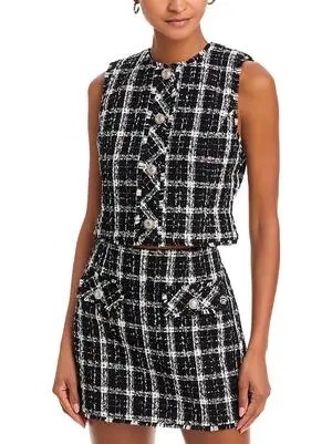 French Connection Windowpane Tweed Crop Top - Black/white