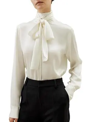Lilysilk Silk Turtleneck Blouse With Ribbon Detail - Natural White