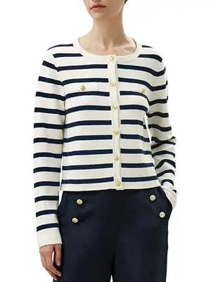 Lilysilk Gariana Striped Wool Cardigan - Navy Blue And White Stripes