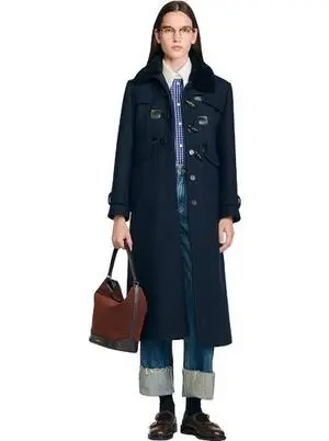 Sandro Long Coat With Removable Shearling Collar - Blue / Navy