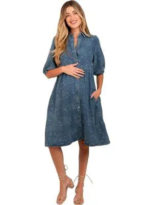 PINKBLUSH Denim Button Front Puff Sleeve Dress - Blue