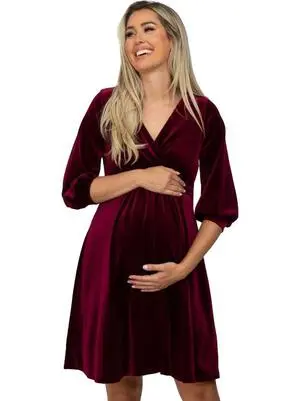 PINKBLUSH Velvet Wrap Front Babydoll Dress - Burgundy