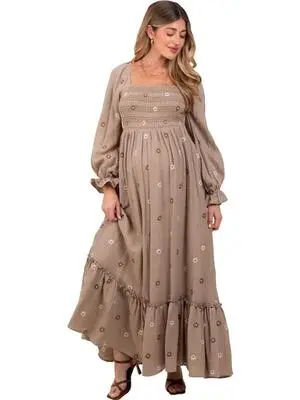 PINKBLUSH Long Sleeve Floral Accent Dress - Grey