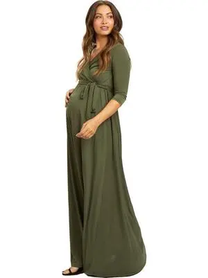 PINKBLUSH Draped 3/4 Sleeve Maternity Maxi Dress - Olive Green