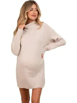 PINKBLUSH Maternity Turtle Neck Mini Sweater Dress - Beige