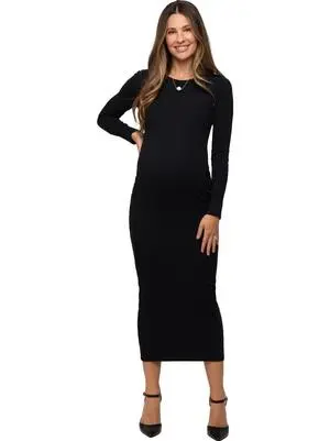 PINKBLUSH Ribbed Fitted Long Sleeve Midi Dress - Black
