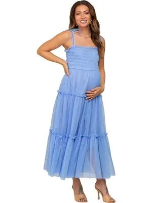 PINKBLUSH Smocked Mesh Maternity Midi Dress - Light Blue