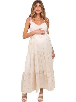 PINKBLUSH Embroidered Smocked Shoulder Tie Maxi Dress - Cream