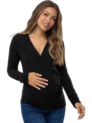 PINKBLUSH Brushed Knit Wrap Front Top - Black