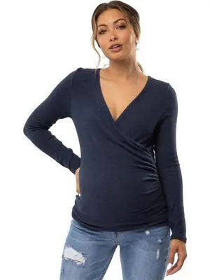 PINKBLUSH Brushed Knit Wrap Front Top - Navy Blue