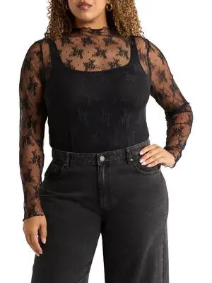 Treasure & Bond Sheer Lace Long-sleeve Top - Black
