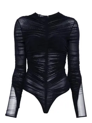 MUGLER Mesh Ruched Bodysuit - Black