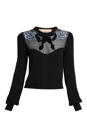 Valentino Garavani Beaded Floral Sheer Bust Wool Sweater - Black