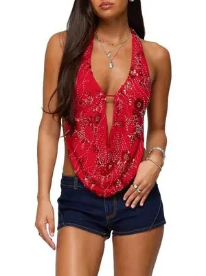 EDIKTED Beaded Cowl Neck Halter Top With Open Back - Red
