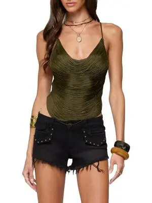 EDIKTED Fringe Cowl Neck Top - Olive