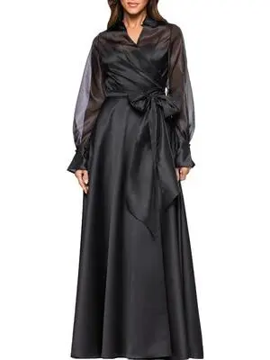 XSCAPE EVENINGS Long Sleeve Organza A-line Gown - Black