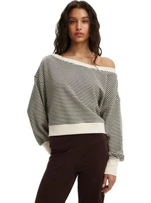 COTTON ON Off Shoulder Fleece Sweatshirt - Cream Slate Stripe