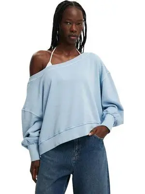COTTON ON Off Shoulder Fleece Sweatshirt Washed Duck Egg Blue