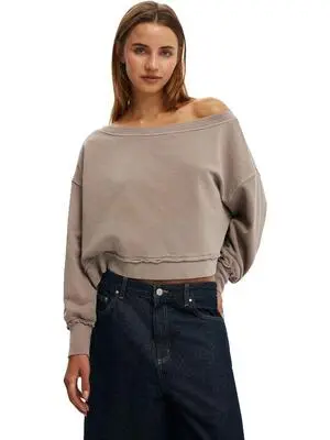 COTTON ON Off Shoulder Fleece Sweatshirt - Washed Mocha