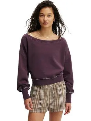 COTTON ON Off Shoulder Fleece Sweatshirt Washed Noble Plum