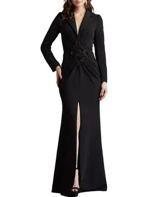 Tadashi Shoji Embroidered Crepe Flower Long Sleeve Body-con Gown - Black
