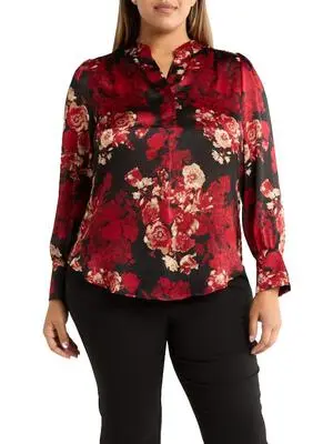 Anne Klein Pleated Print Split Neck Blouse - Anne Black Multi