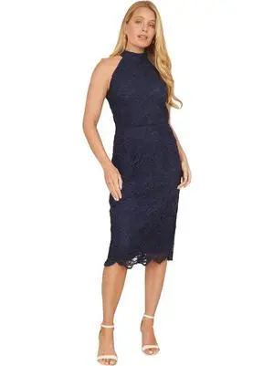 YUMI Lace Halter Neck Midi Dress - Navy
