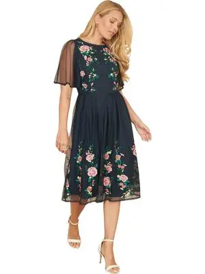 YUMI Embroidered Mesh Sleeve Dress - Navy