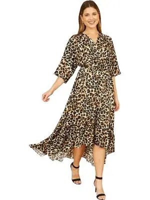 YUMI Leopard Print Kimono Sleeve Wrap Dress - Brown