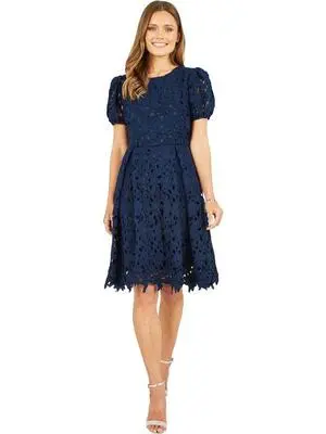 YUMI Lace Puff Sleeve Skater Dress - Navy