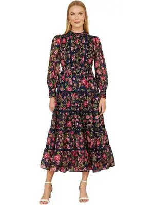 YUMI Blossom Print Lace Trim Maxi Dress - Navy