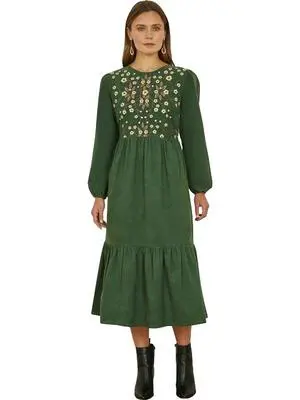 YUMI Long Sleeve Embroidered Midi Dress - Green