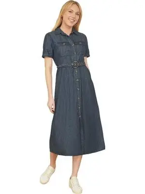 YUMI Chambray Denim Utility Midi Shirt Dress - Blue