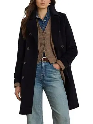 Ralph Lauren Wool-blend Coat With Faux Leather Details - Regal Navy