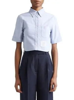 Thom Browne Cotton Oxford Crop Button-down Shirt - Light Blue