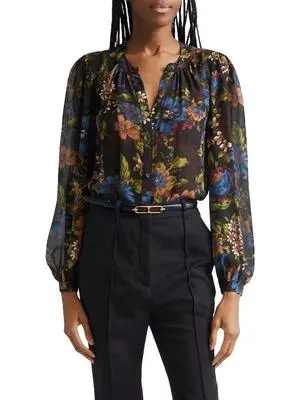 Veronica Beard Ashlynn Floral Pintuck Silk Blouse - Black Multi