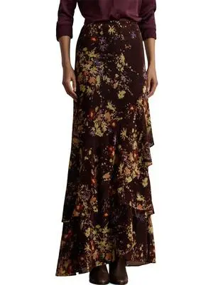Ralph Lauren Tiered Floral Velvet Burnout Maxi Skirt - Brown/cream/lavender