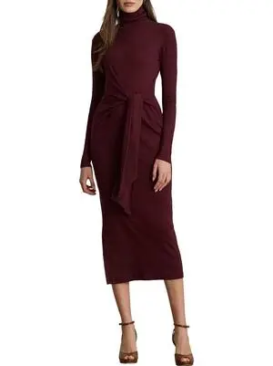Ralph Lauren Long Sleeve Turtleneck Tie Front Midi Dress - Dark Garnet