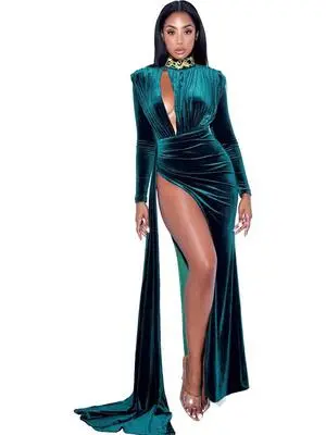 MISS CIRCLE Zenaida Plunging Cutout Velvet Gown - Emerald Green