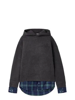 Acne Studios Layered Knitted And Checked Cotton-flannel Hoodie - Gray