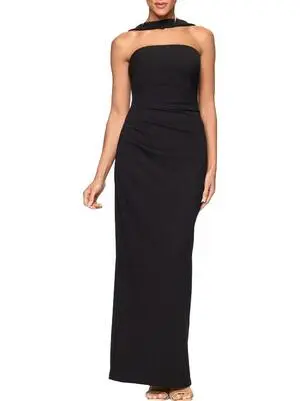 XSCAPE EVENINGS Halter Neck Scuba Crepe Sheath Gown - Black